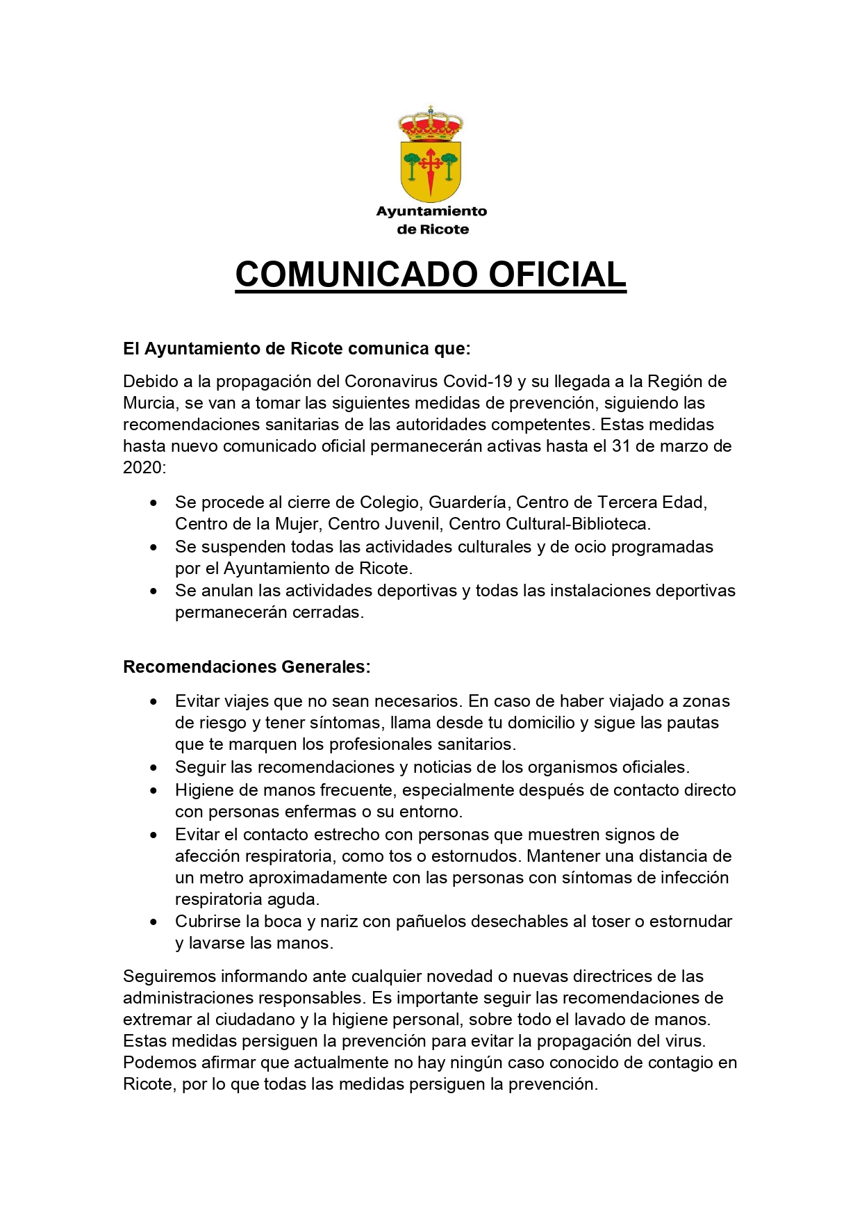 COMUNICADO OFICIAL | Ayuntamiento de Ricote